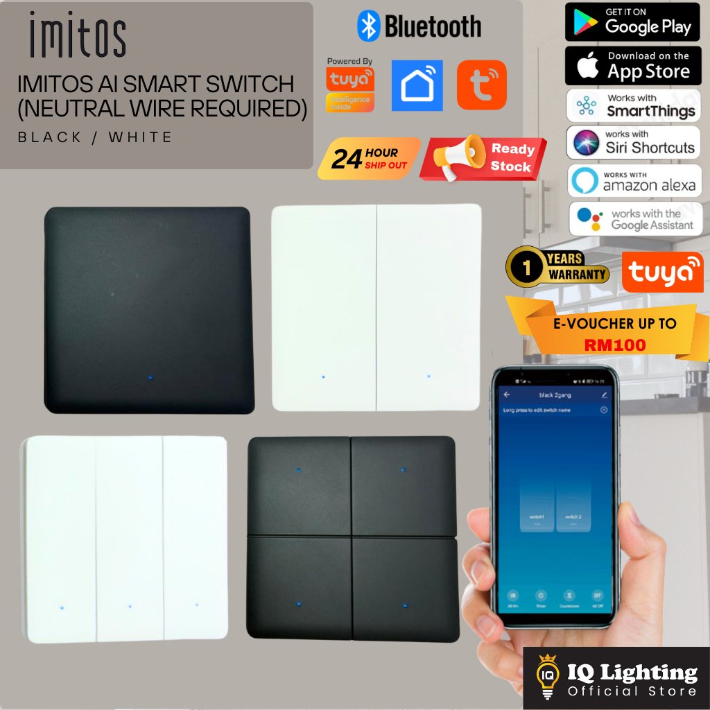 Imitos AI Smart Switch (Neutral Wire Required) Wall Switch 1 2 3 4 Gang ...